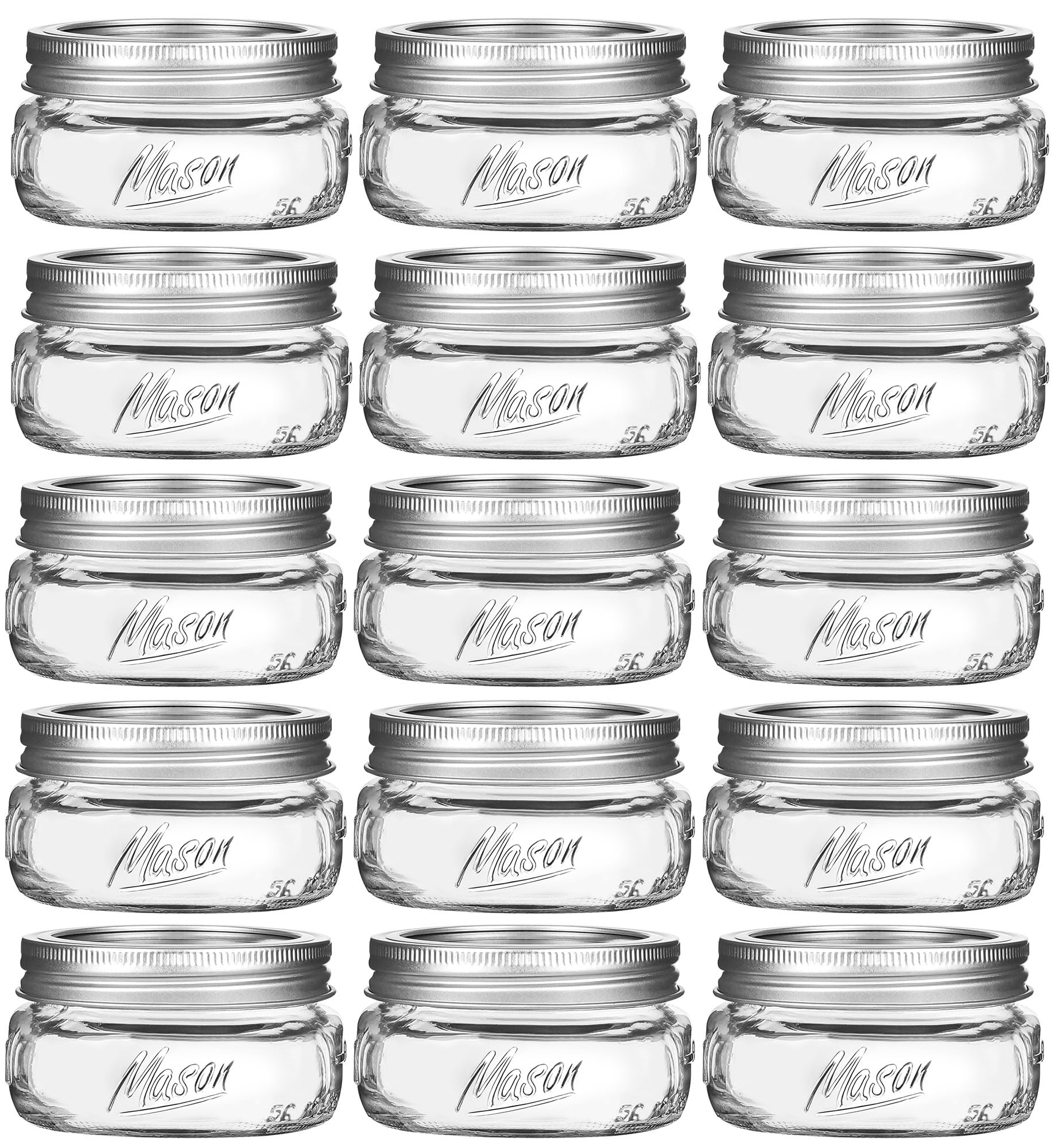 16 Pack Mason Jars 8 oz - Wide Mouth Mason Jars with Silver Metal Airtight Lids and Bands, Glass Canning Jar for Canning, Pickling, Preserving, Jam, Honey, DIY Decor, Shower Favors