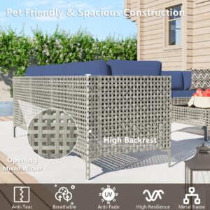 Piltwoff Patio Furniture Set,7 Piece Outdoor Sectional Sofa, Open-Weave Wicker Patio Conversation Sets with Navy Cushions & Glass Coffee Table for Balcony Porch Pool Deck,Grey Rattan