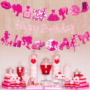 3Pcs Hot Pink Girl Happy Birthday Banners Pink Glitter Hot Pink Princess Birthday Party Decorations for Girls Doll Theme Baby Shower Ladies Bachelorette Party Supplies