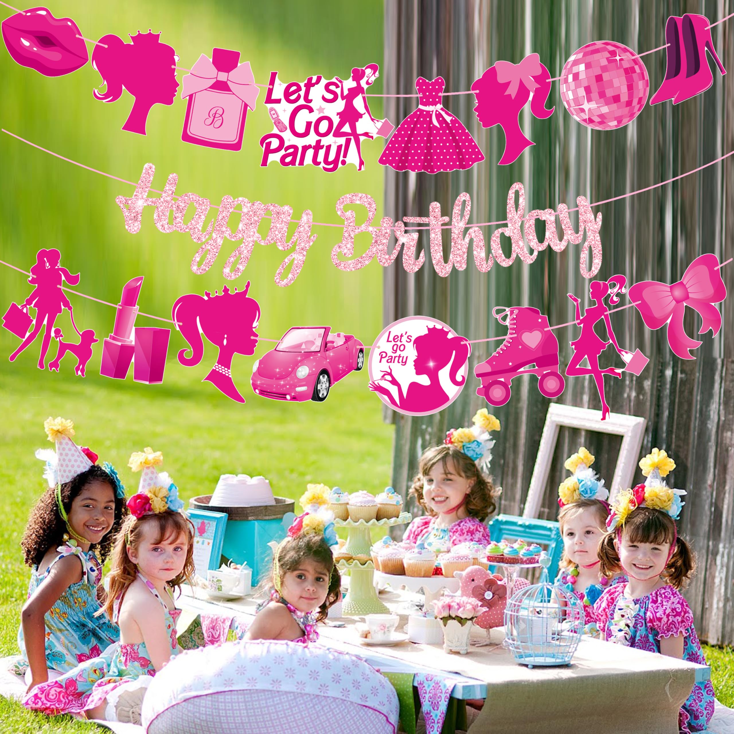 3Pcs Hot Pink Girl Happy Birthday Banners Pink Glitter Hot Pink Princess Birthday Party Decorations for Girls Doll Theme Baby Shower Ladies Bachelorette Party Supplies