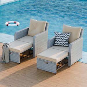 Wicker Outdoor Patio Sofa Chair with Cushion Grey Rattan Convertible Outdoor Furniture with Waterproof Thick Cushion for Backyard Balcony Porch Set of 2