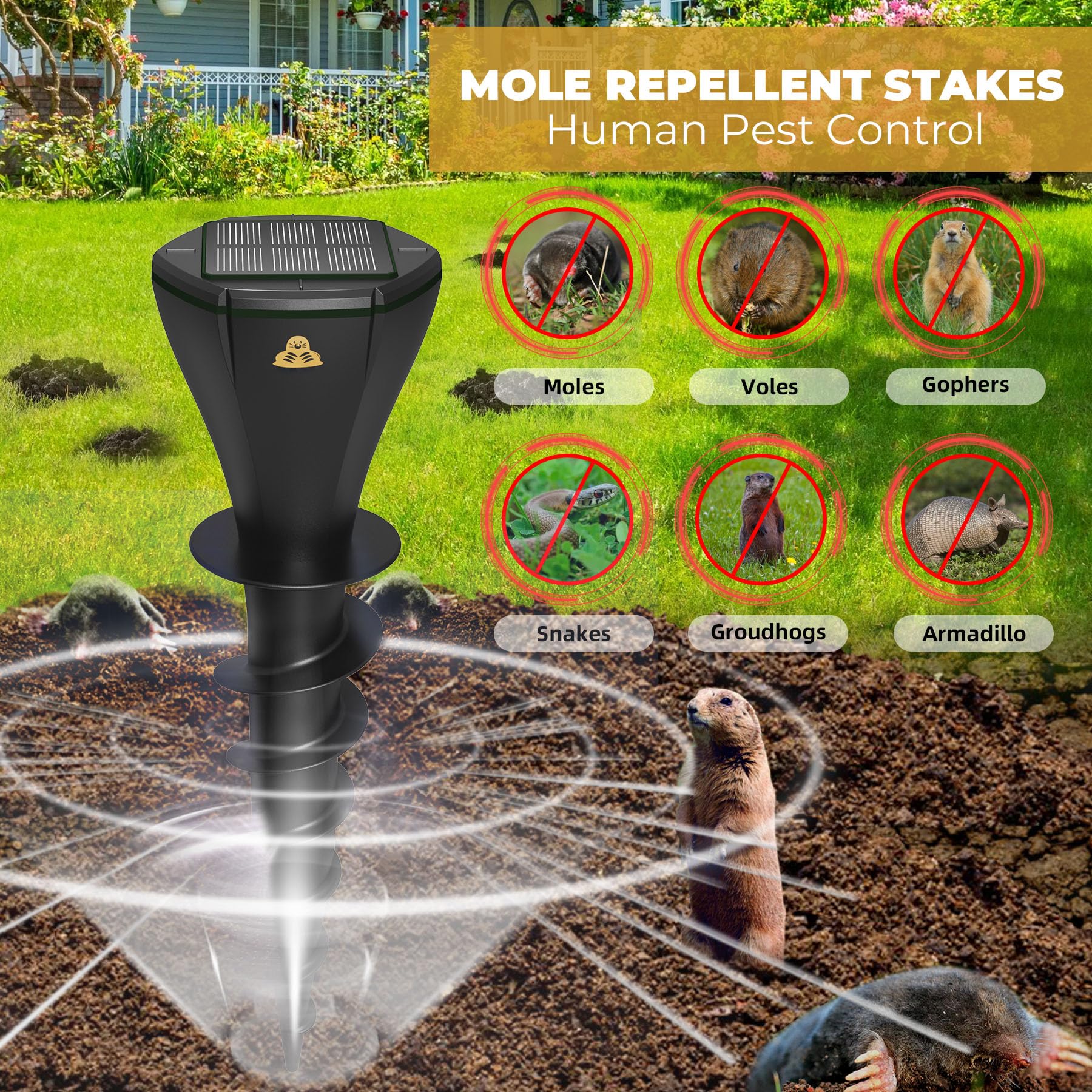 Solar Powered Mole Repellent Stakes Outdoor Ultrasonic Snake Groundhog Gopher Vole Chipmunk Repeller Sonic Deterrent Spikes Device for Lawns and Yard Waterproof - No Poison Killer Traps, Black 8 Pack