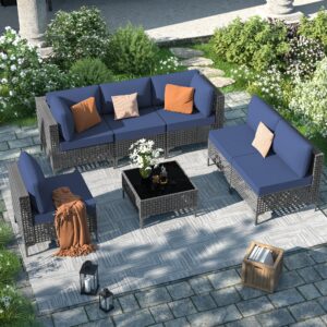 piltwoff patio furniture set,7 piece outdoor sectional sofa, open-weave wicker patio conversation sets with navy cushions & glass coffee table for balcony porch pool deck,grey rattan