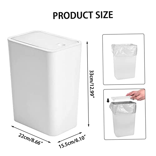 Hperu Bathroom Bin Bathroom Bin 9.1 L Small Trash Can White Waste Paper Bin with Lid Top Press Slim Garbage Can for Home Office Bedroom Kitchen,Rubbish Bin,Kitchen Bin