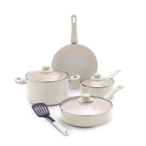 greenlife soft grip 8 piece cookware set, non-toxic pfas-free ceramic nonstick, frying, sauce, sauté, utensils, glass lids, stay-cool handles, wobble free, dishwasher & oven safe, cream white