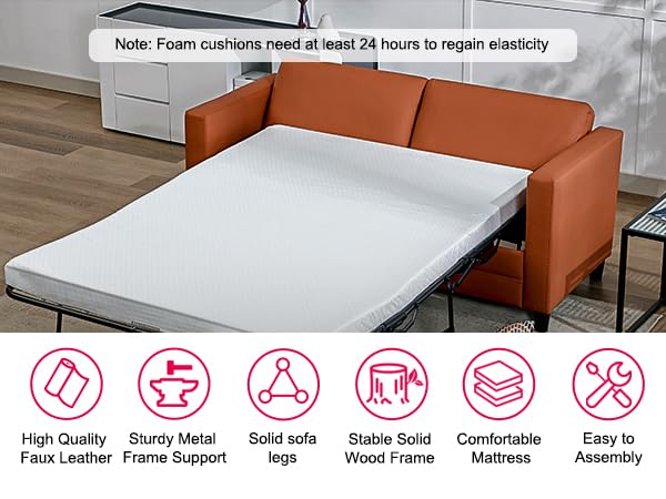 MUZZ Pull Out Couch Queen, Modern Leather Sleeper Sofa Bed with Foldable Foam Matress, 2 in 1 Pull Out Sofa Bed for Living Room, Apartment, Office (Queen/Cognac)