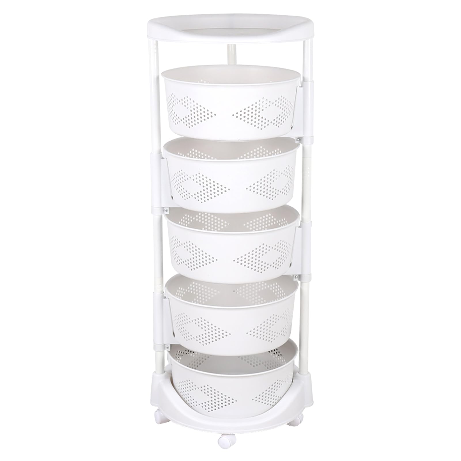 Sippyssy 5-Tier Rotating Storage Shelf with Wheels - Organizer for Fruits and Vegetables,Adjustable Height, White Freestanding Round Rotating Storage Rack for Kitchen,Bathroom Living Room Bedroom