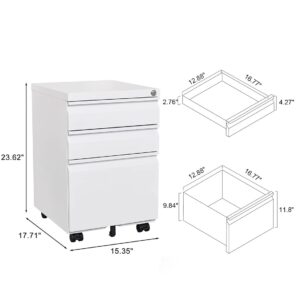 SumKea 17.71'' Rolling 3-Drawer Mobile Lock, Office Storage, Pre-Assembled Metal File Cabinet Except Wheels Under Desk, White