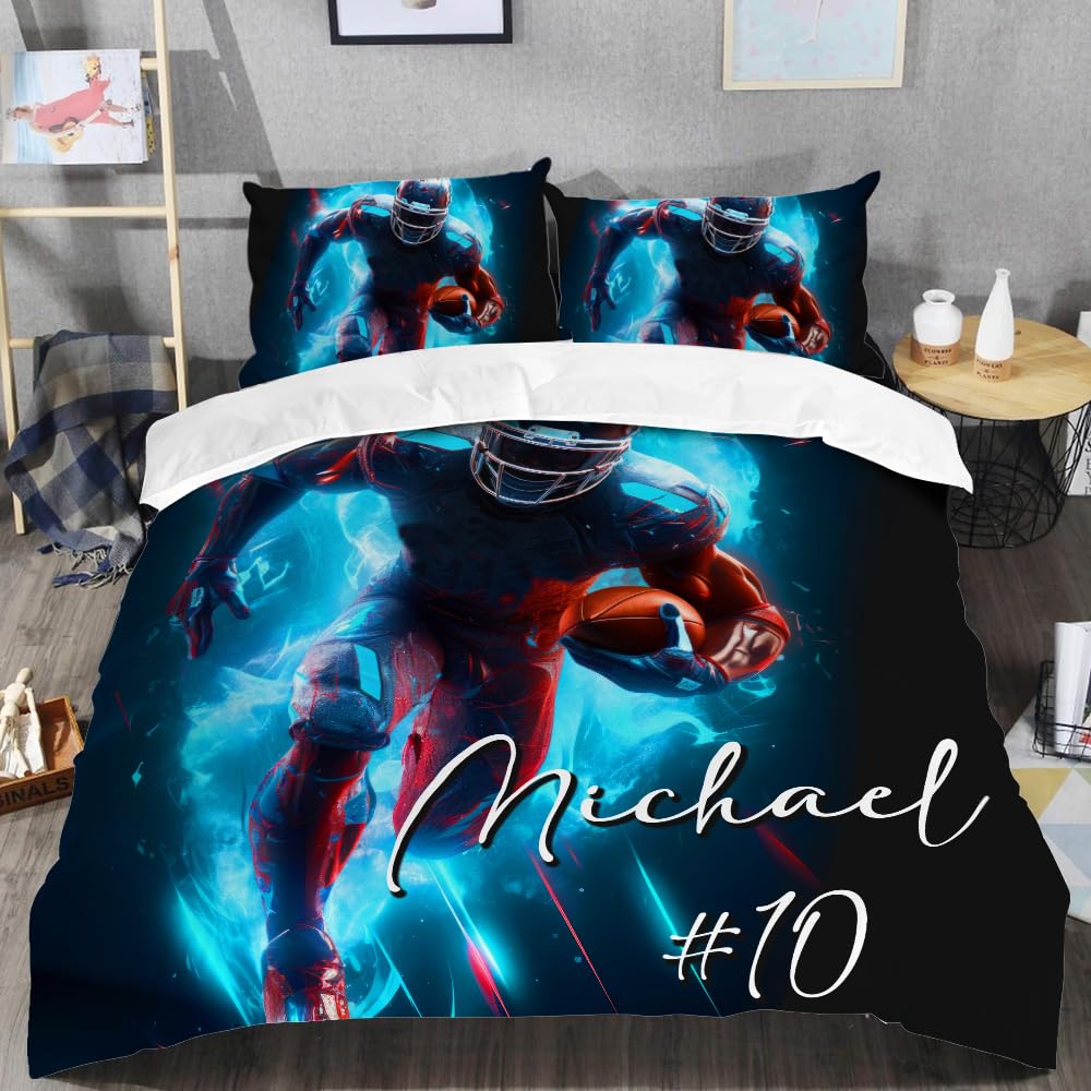 Custom Footballer on Fire Bedding Set, Football Bedding Full Twin Queen King Size, Football Comforter Set Queen Football Lovers Quilt Blanket for Bed Lightweight Football Gifts Idea for Boys Girls