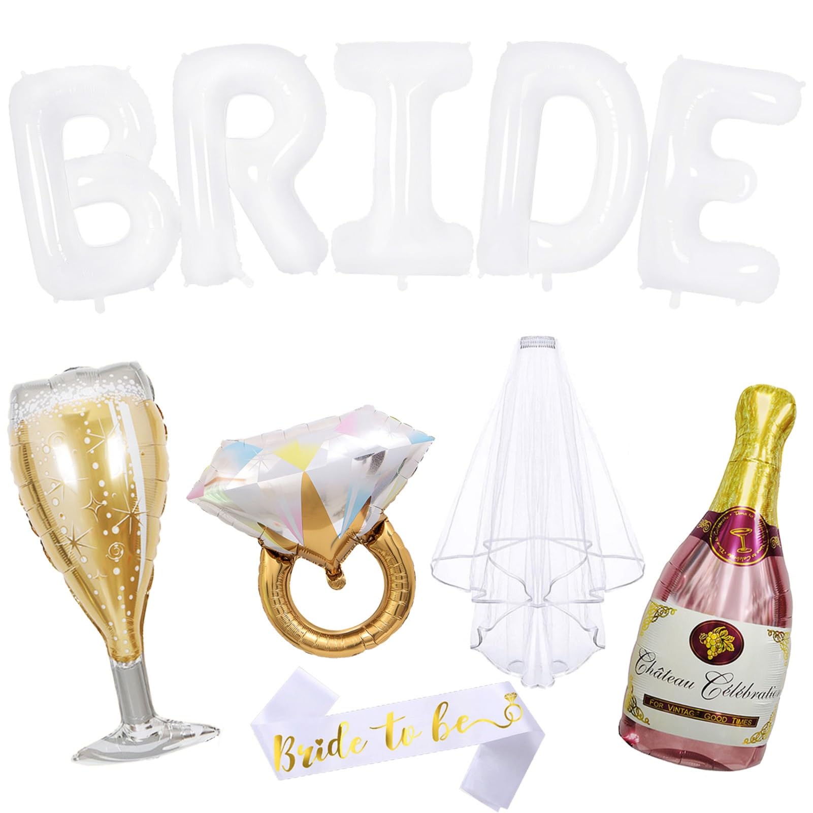 40 inch Bride Balloons White Letters Banner, Bachelorette Party Decorations Kit Include Large Ring Bottle Glass Foil Balloons, Bride To Be Sash and Veil for Bridal Shower Decorations