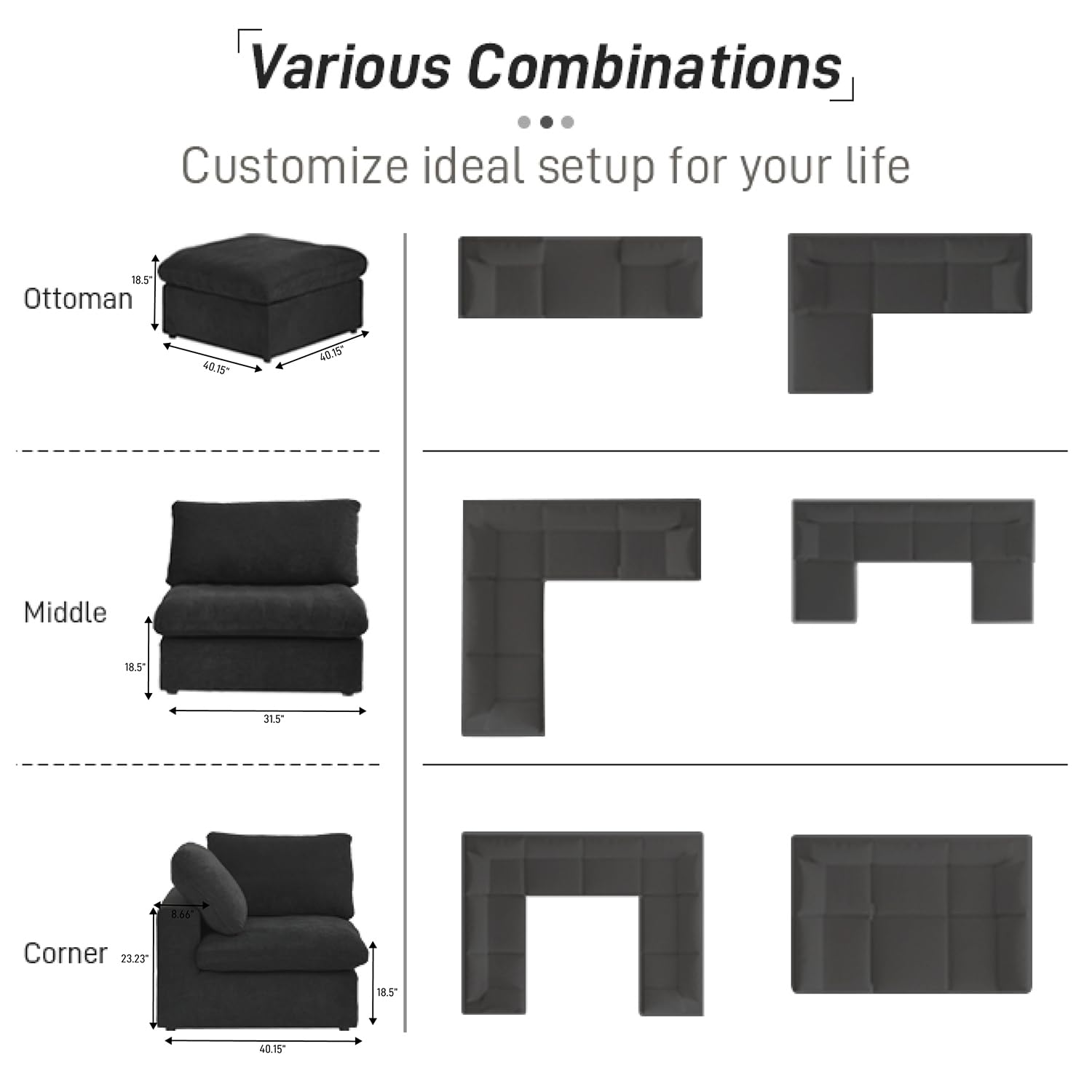 WJShome Cloud Couch, Oversized Modular Sectional Sofa,Down Filled Comfort 8 Seater Sofa Couch for Living Room,Minimalist Wide Deep Seat,Sofa Cover Washable & Removable,Black