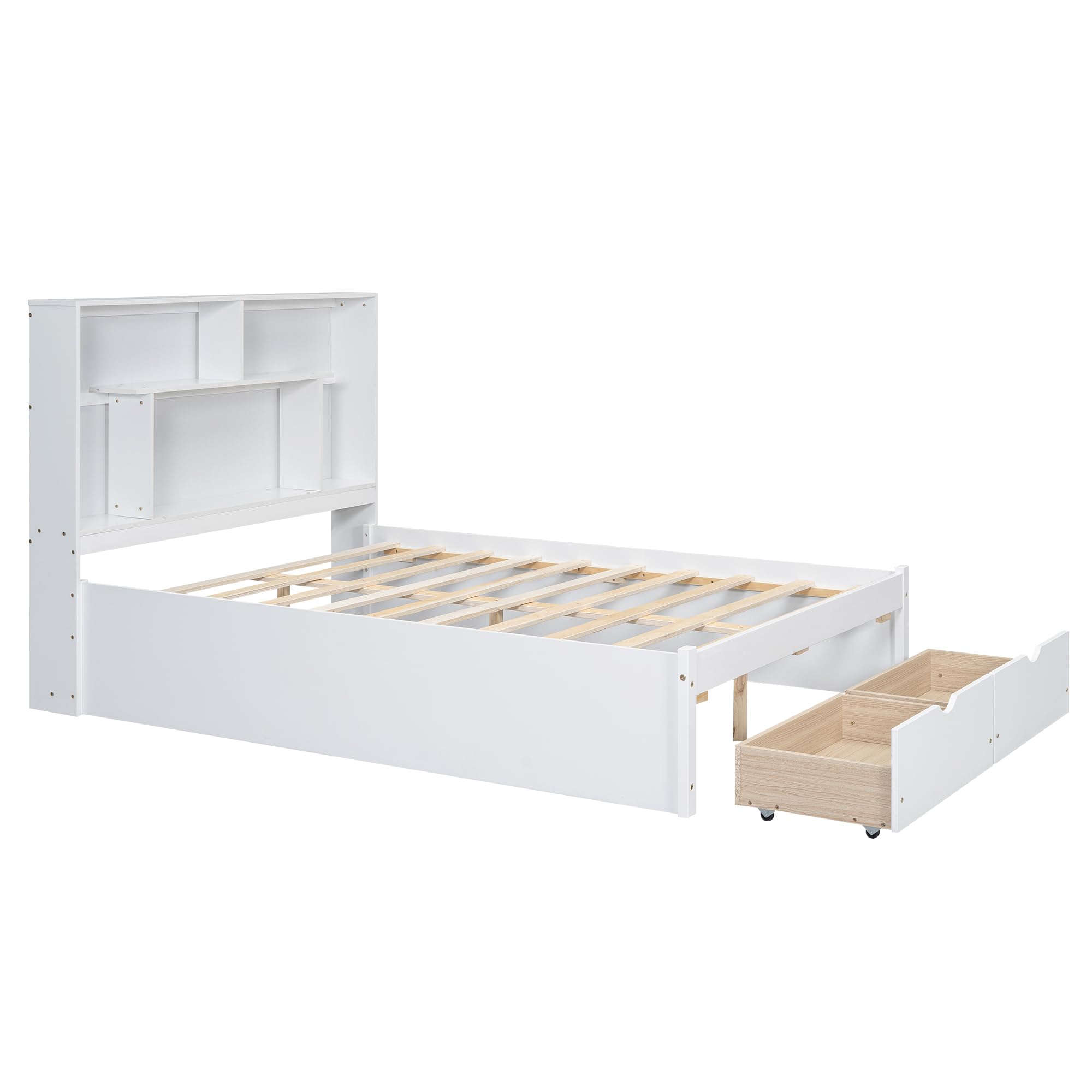 Harper & Bright Designs Full Platform Bed with Storage Headboard & 2 Drawers, Wooden Full Storage Bed Frame with Sturdy Slat Support for Kids Teens Adults, White