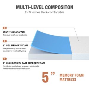 5 Inch Twin Mattress in a Box,Gel Memory Foam Mattress,Twin Mattress with High Density Base Support Foam,Medium Firm Mattress for Sleep and Pressure Relief,CertiPUR-US Certified