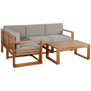 outsunny 4 seater l shaped patio furniture set with coffee table and cushions, wood outdoor sectional sofa conversation set for garden, backyard, porch and poolside (gray)