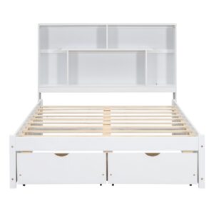 Harper & Bright Designs Full Platform Bed with Storage Headboard & 2 Drawers, Wooden Full Storage Bed Frame with Sturdy Slat Support for Kids Teens Adults, White