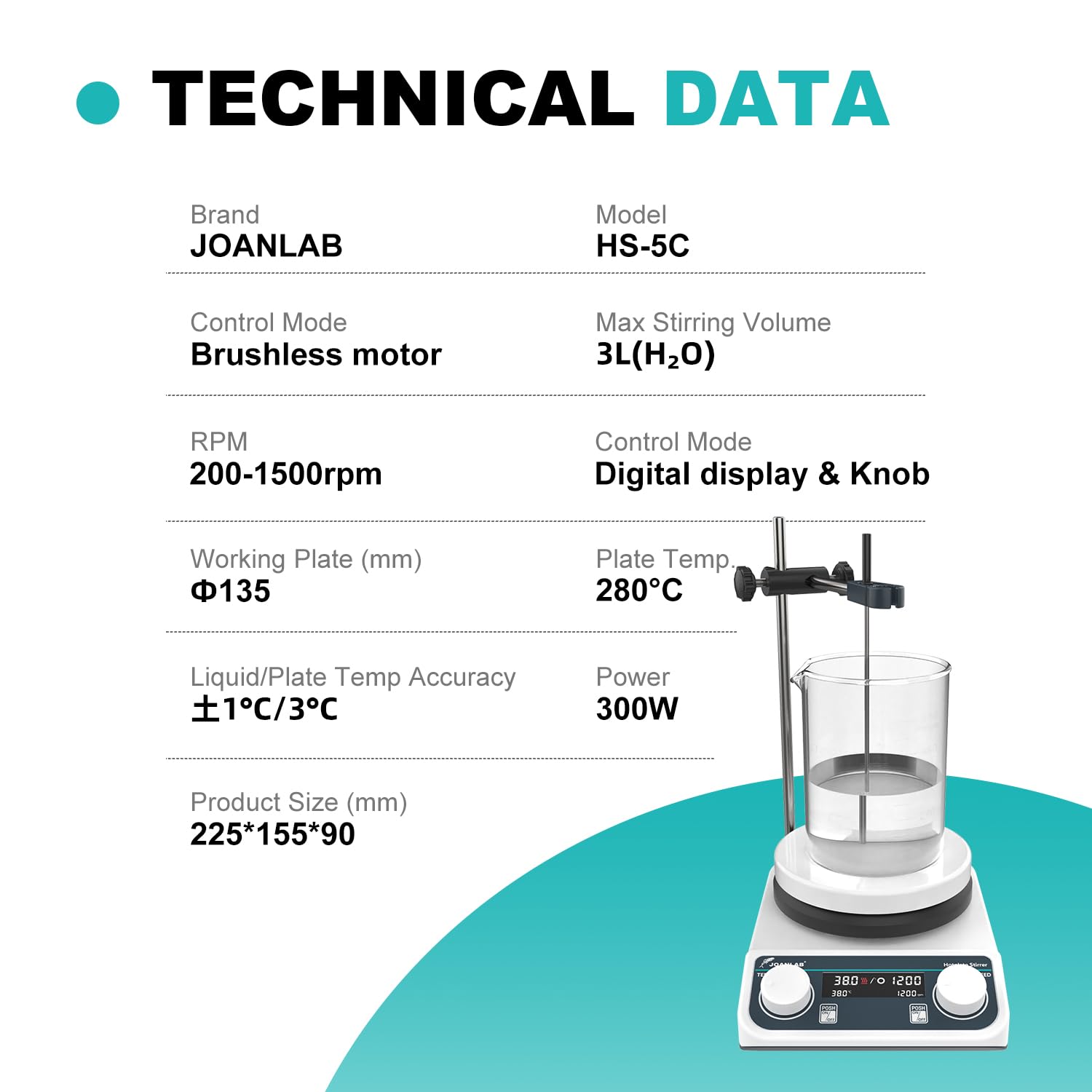 JOANLAB Digital Hotplate Magnetic Stirrer Hot Plate 200-1500rpm, 280℃/536℉,Probe Sensor & Support Stand Included,3000ml Lab Hot Plate Stirrer with Ceramic Coated