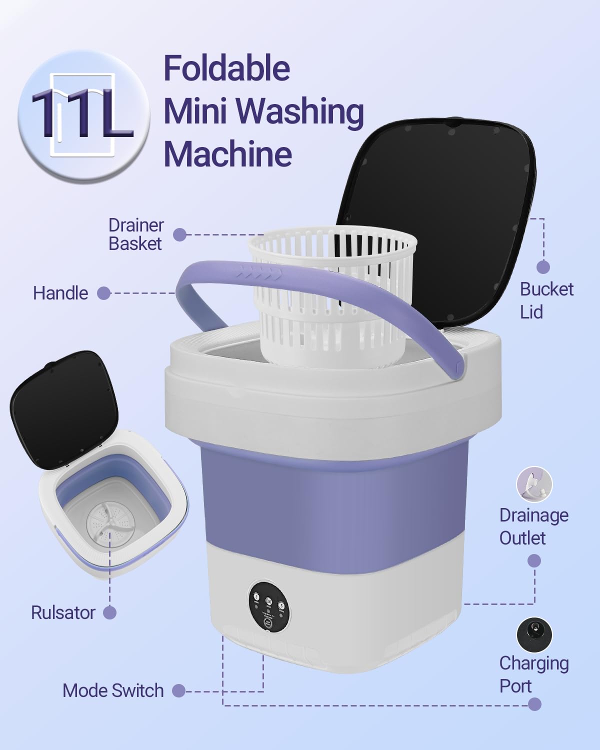 NISHCON Portable Washing Machine, 11L Upgraded Large Capacity Mini Washer with Spin Basket, Small Washing Machine for Apartments, Travel Laundry, Camping, RV, Dorm (Purple+White)