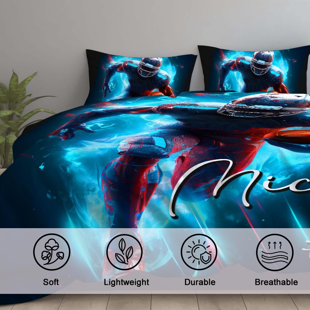 Custom Footballer on Fire Bedding Set, Football Bedding Full Twin Queen King Size, Football Comforter Set Queen Football Lovers Quilt Blanket for Bed Lightweight Football Gifts Idea for Boys Girls