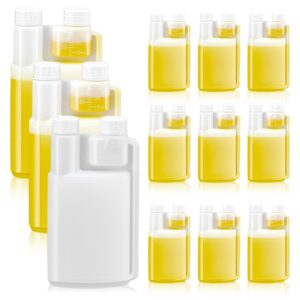 lounsweer 12 pcs plastic flask with built in 1oz shot glass graduated chamber with caps, measuring bottles one for filling and one for dispensing, to store, measure dispense liquids (32oz)