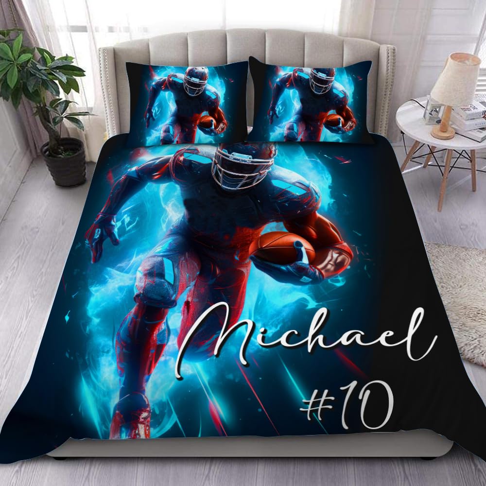 Custom Footballer on Fire Bedding Set, Football Bedding Full Twin Queen King Size, Football Comforter Set Queen Football Lovers Quilt Blanket for Bed Lightweight Football Gifts Idea for Boys Girls