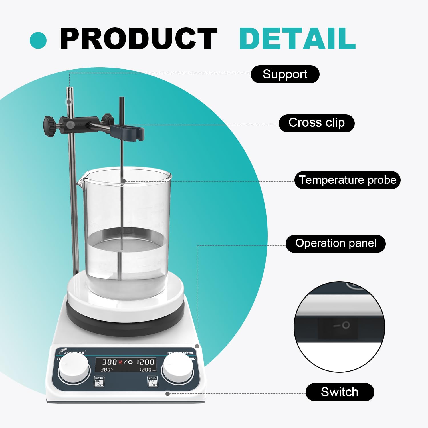 JOANLAB Digital Hotplate Magnetic Stirrer Hot Plate 200-1500rpm, 280℃/536℉,Probe Sensor & Support Stand Included,3000ml Lab Hot Plate Stirrer with Ceramic Coated