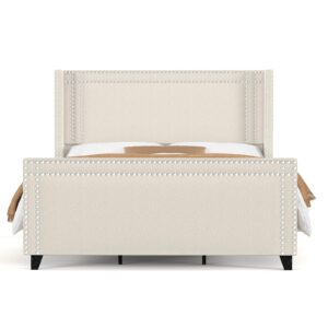 Jocisland Queen Size Bed Frame, Chenille Upholstered Platform Bed with Wingback Headboard & Footboard, Nailhead Trim, No Box Spring Needed, Cream