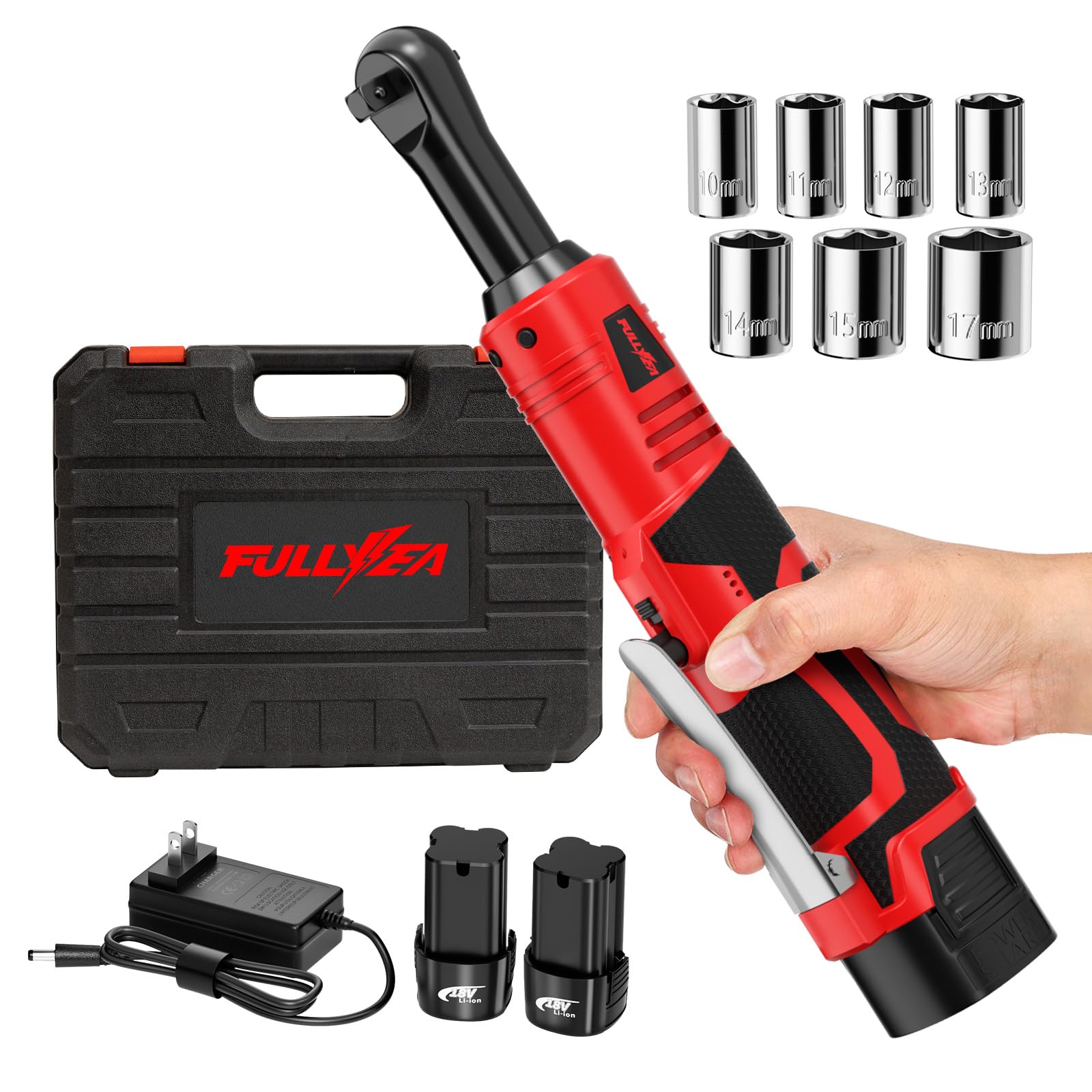 FULLYEA Electric Ratchet Wrench Set, 550 RPM Cordless Ratchet Wrench, 3/8" 18V Power Ratchet Tools with Variable Speed, LED Light, 7 Sockets, 2 Packs 2.0Ah Lithium-Ion Battery and Fast Charger