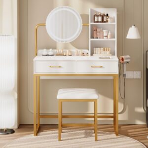 dowinx vanity desk with led lighted mirror & power outlet, white vanity desk with adjustable 3 lighting modes, small vanity desk for bedroom, makeup vanity with chair for girl, gold and white