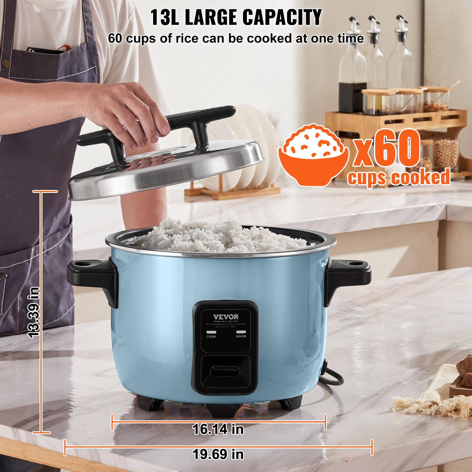 VEVOR Commercial Rice Cooker, 13.74Qt/60 Cups Cooked Rice, Large Rice Cooker and Warmer with Nonstick Inner Pot, Fast Cooking and 24-Hour Keep Warm, with Rice Cup and Paddle, for Restaurant