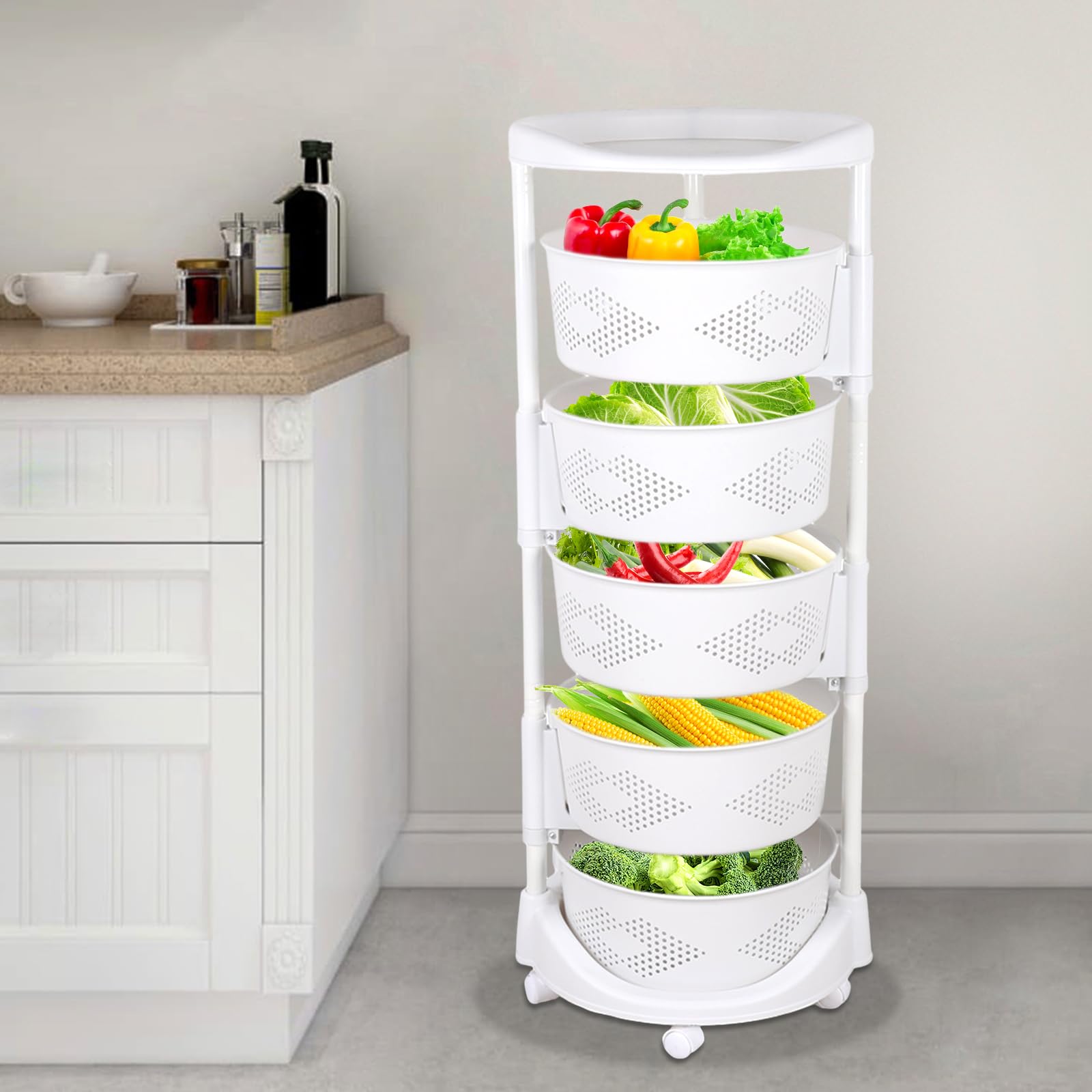 Sippyssy 5-Tier Rotating Storage Shelf with Wheels - Organizer for Fruits and Vegetables,Adjustable Height, White Freestanding Round Rotating Storage Rack for Kitchen,Bathroom Living Room Bedroom