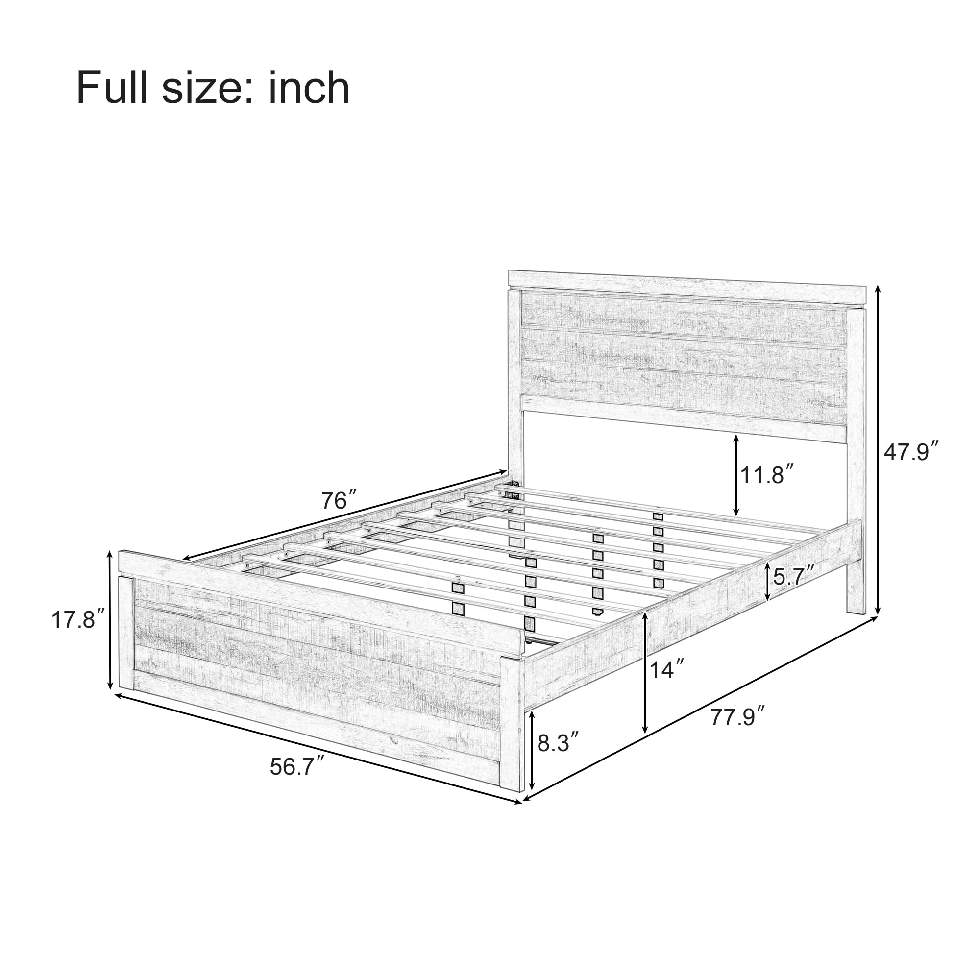 RuiSiSi Farmhouse Full Bed Frame with 47.9” Headboard and Footboard Wood Platform Bed with 10 Wooden Slats for Bedroom