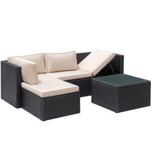 Flamaker Outdoor Patio Furniture Set Wicker Patio Sofa 3 Pieces Conversation Set Rattan sectional Sofa with Adjustable Seat for Balcony Porch Backyard, Beige