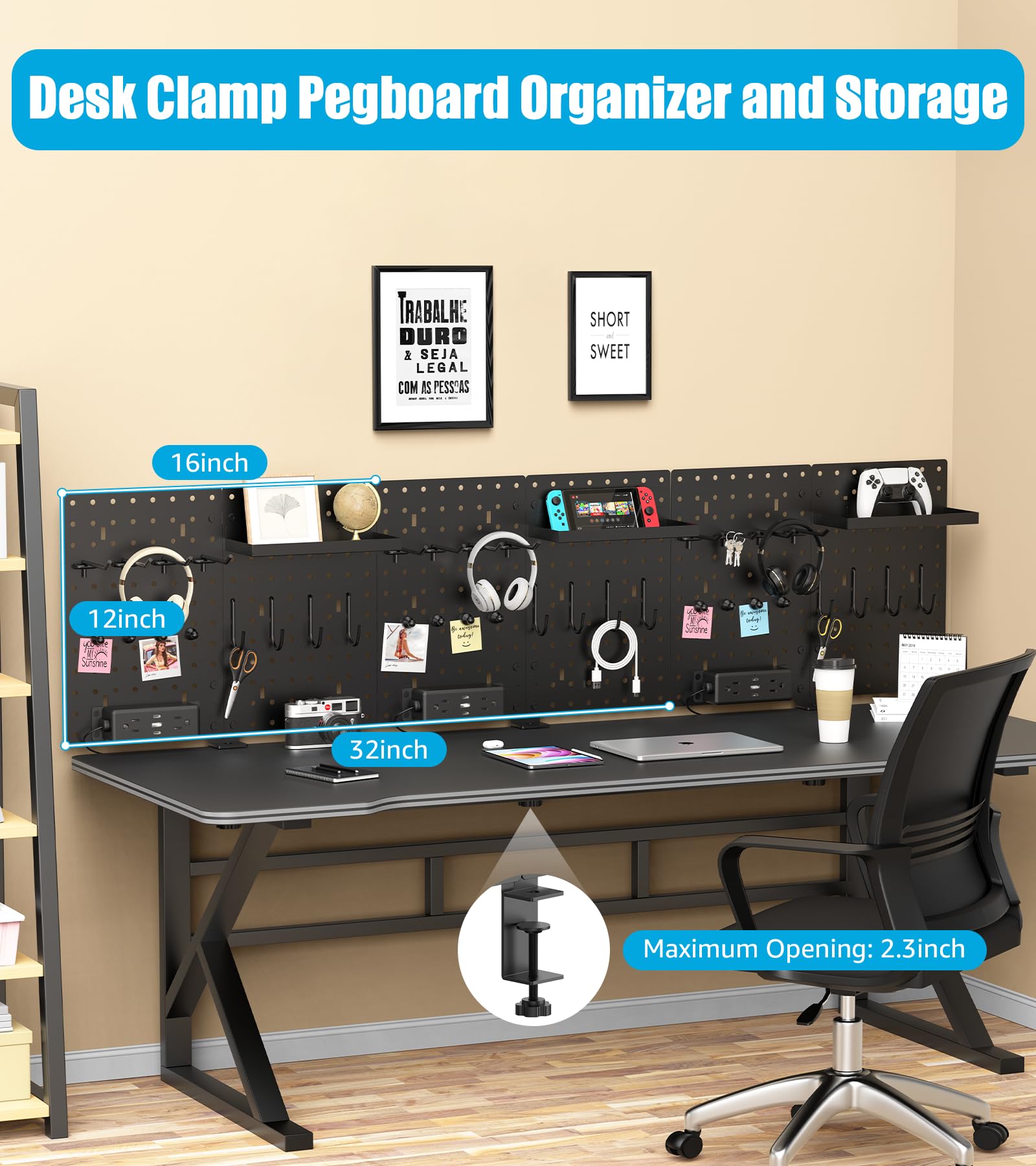 CCCEI Desk Organizer and Storage Pegboard with Charging Station, Gaming Standing Office Supplies Shelf Accessorie, Black Desktop Clamp Peg Board Privacy Organization Panel. Gifts for Men, 6FT.