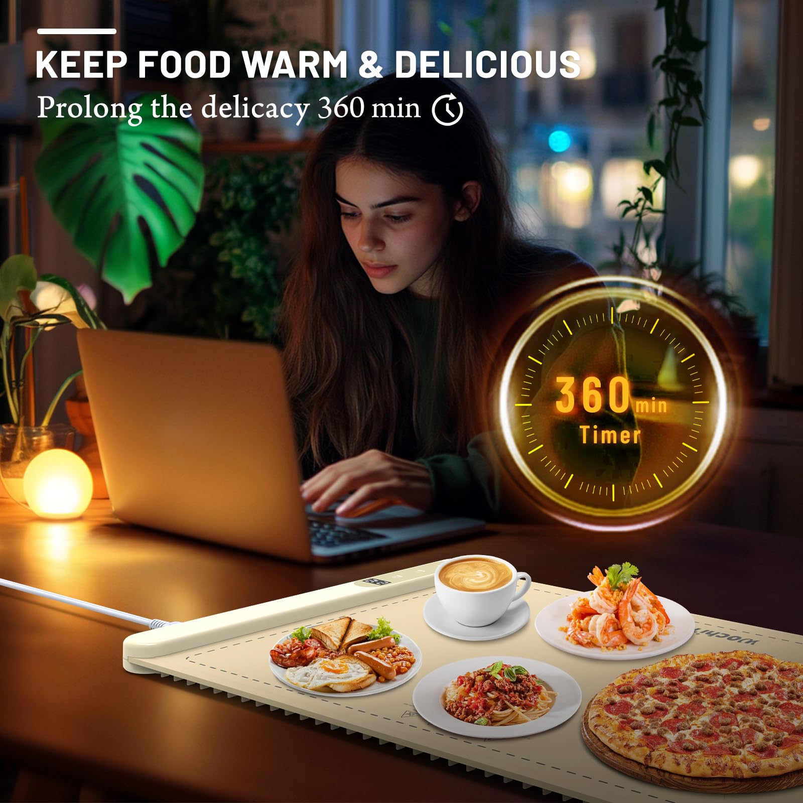 Food Warming Mat WochiTV Electric Warming Tray with 6 Level Temperature Control and 6 Hours Timer Extra Large Food Warmer Perfect for Parties Gatherings Buffet (Beige)