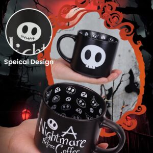 Cessfle Nightmare Before Coffee Christmas Mug, 14oz Ceramic Halloween Mugs, Jack Smile Face Skellington Mug, Spooky Halloween Themed Horror Movie Mug, Christmas Movie Cup