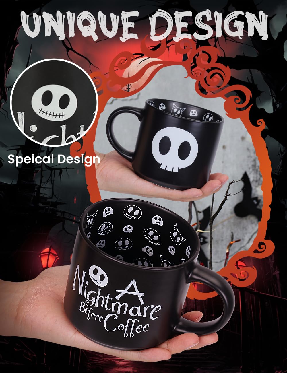 Cessfle Nightmare Before Coffee Christmas Mug, 14oz Ceramic Halloween Mugs, Jack Smile Face Skellington Mug, Spooky Halloween Themed Horror Movie Mug, Christmas Movie Cup