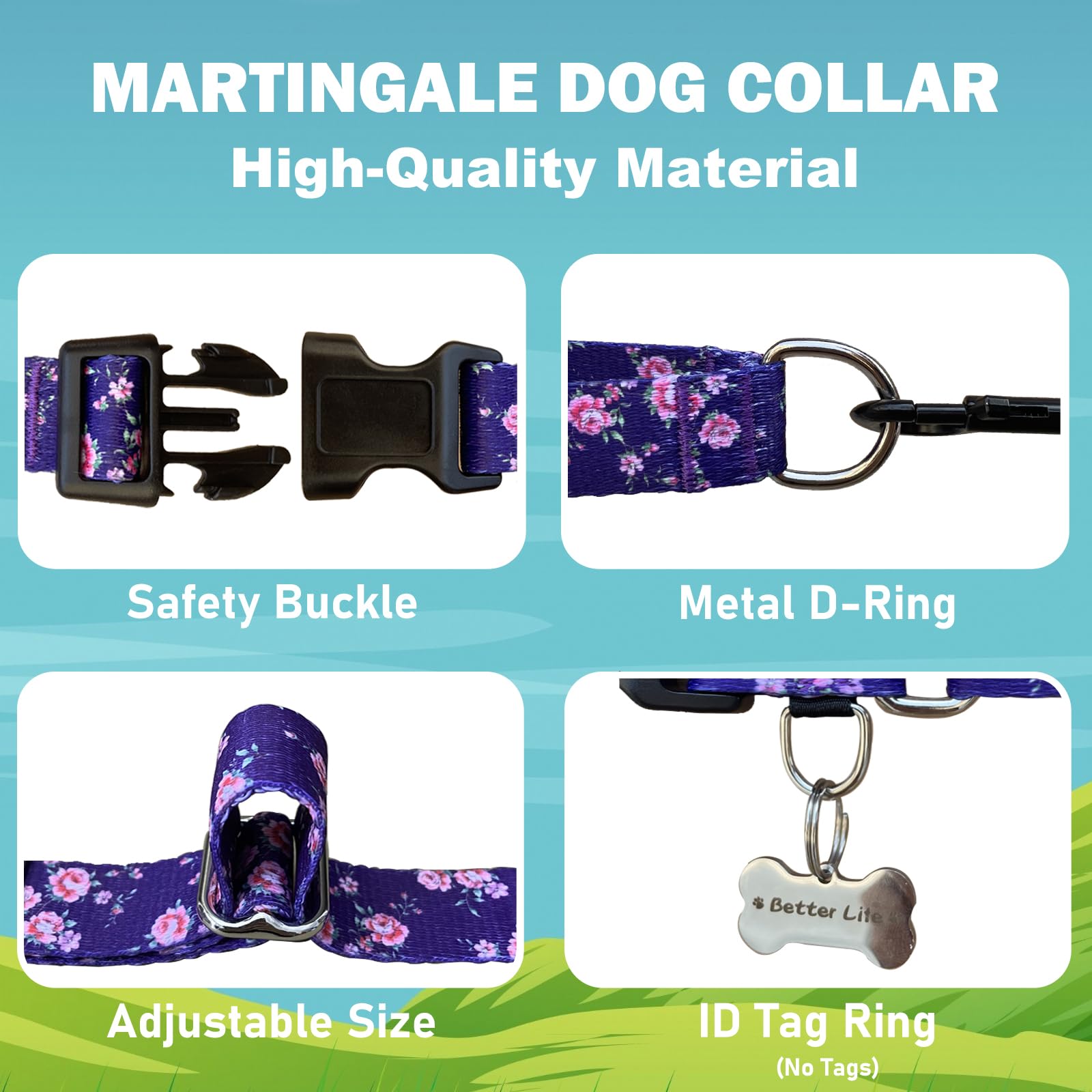 Fidohug Martingale Collar for Dogs with Buckle Floral Dog Collar Girl Female Soft Nylon Dog Collars for Small Medium Large Dogs (Purple Flower, S)