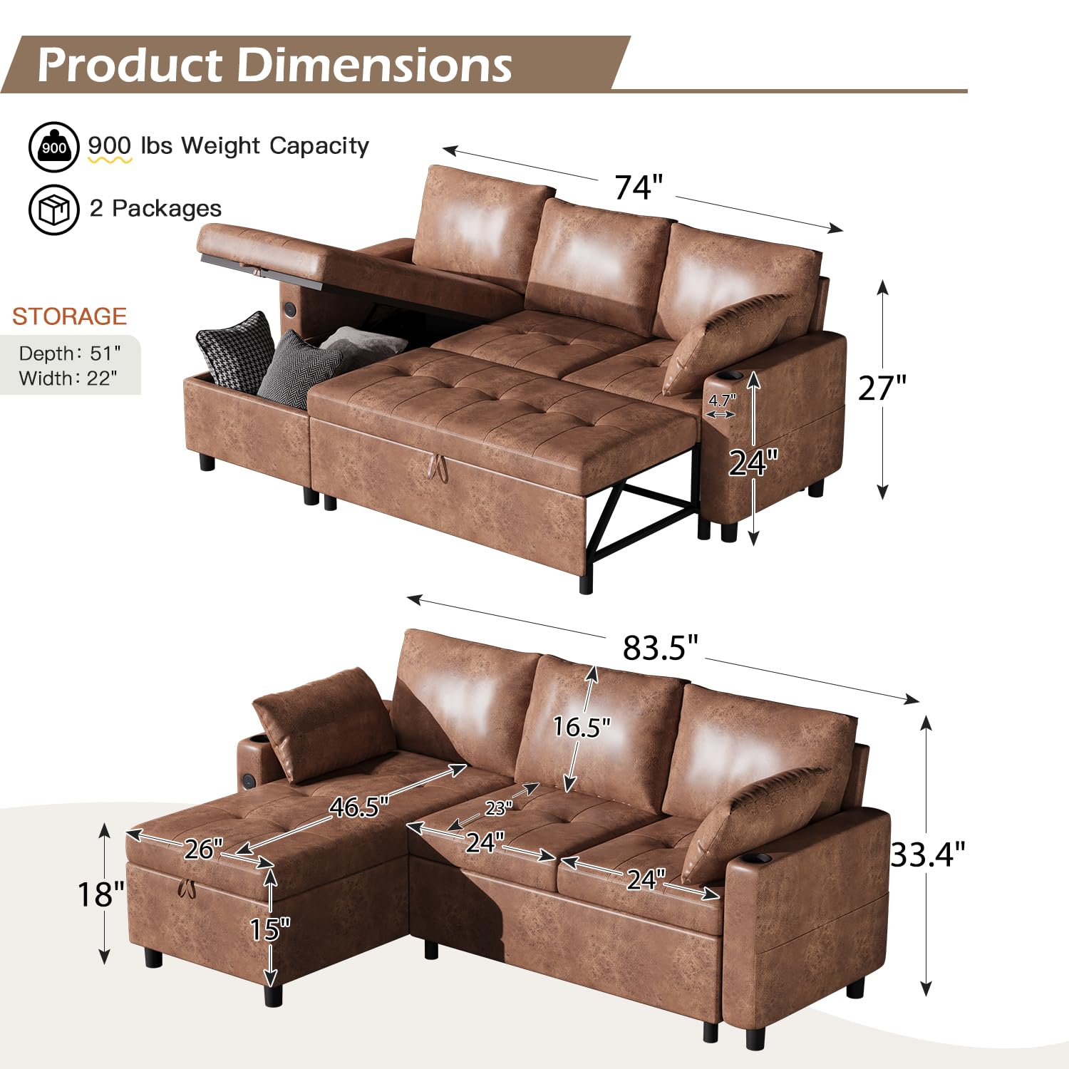 Esright Sleeper Sofa Couch with Pullout Bed, Faux Leather Sofa Bed Pull Out Couch Bed Sofa Pull Out Couch with Storage, Sectional Sleeper Sofa Couch with Pull Out Bed for Living Room Clearance, Brown