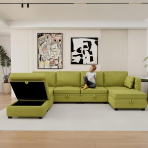 lifeisle modern 110 inch convertible modular sofa, 6 seater oversized sectional sofa with reversible chaise lounge with cushions, with storage seat for living room, reception room,olive