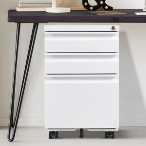 sumkea 17.71'' rolling 3-drawer mobile lock, office storage, pre-assembled metal file cabinet except wheels under desk, white