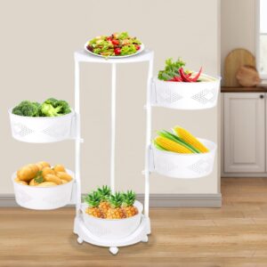 Sippyssy 5-Tier Rotating Storage Shelf with Wheels - Organizer for Fruits and Vegetables,Adjustable Height, White Freestanding Round Rotating Storage Rack for Kitchen,Bathroom Living Room Bedroom