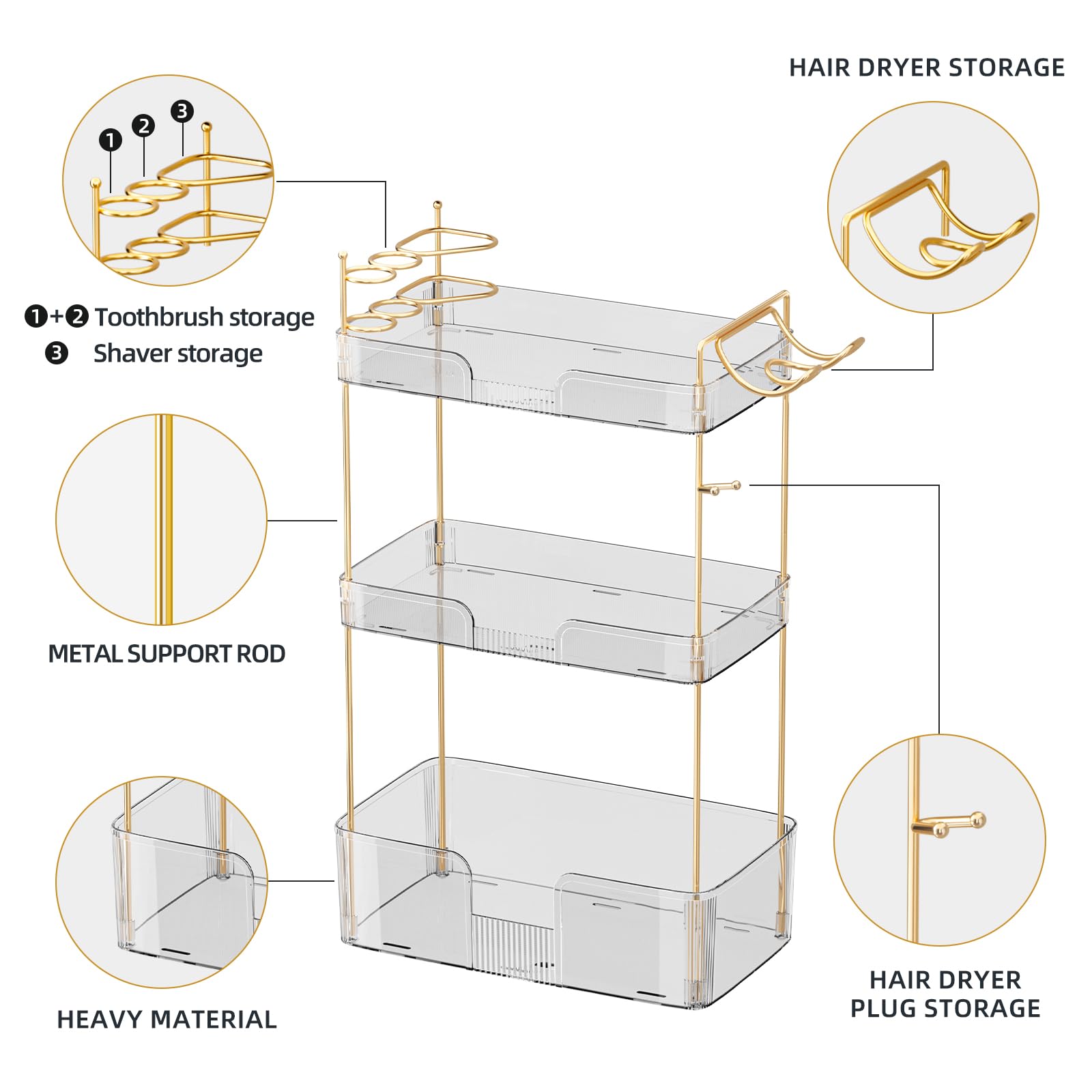 akinbas 3 Tier Bathroom Organizer Countertop Makeup Perfume Tray Skincare Organizer Comes with Hair Dryer Rack and Toothbrush Holder for Bathroom Dresser Vanity (White)