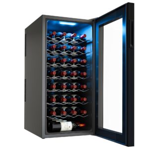 fijinhom 32 bottle wine cooler, black, thermoelectric wine fridge, 2.75 cu. ft. (78l), freestanding wine cellar, red wine storage for small kitchen, apartment, condo, rv