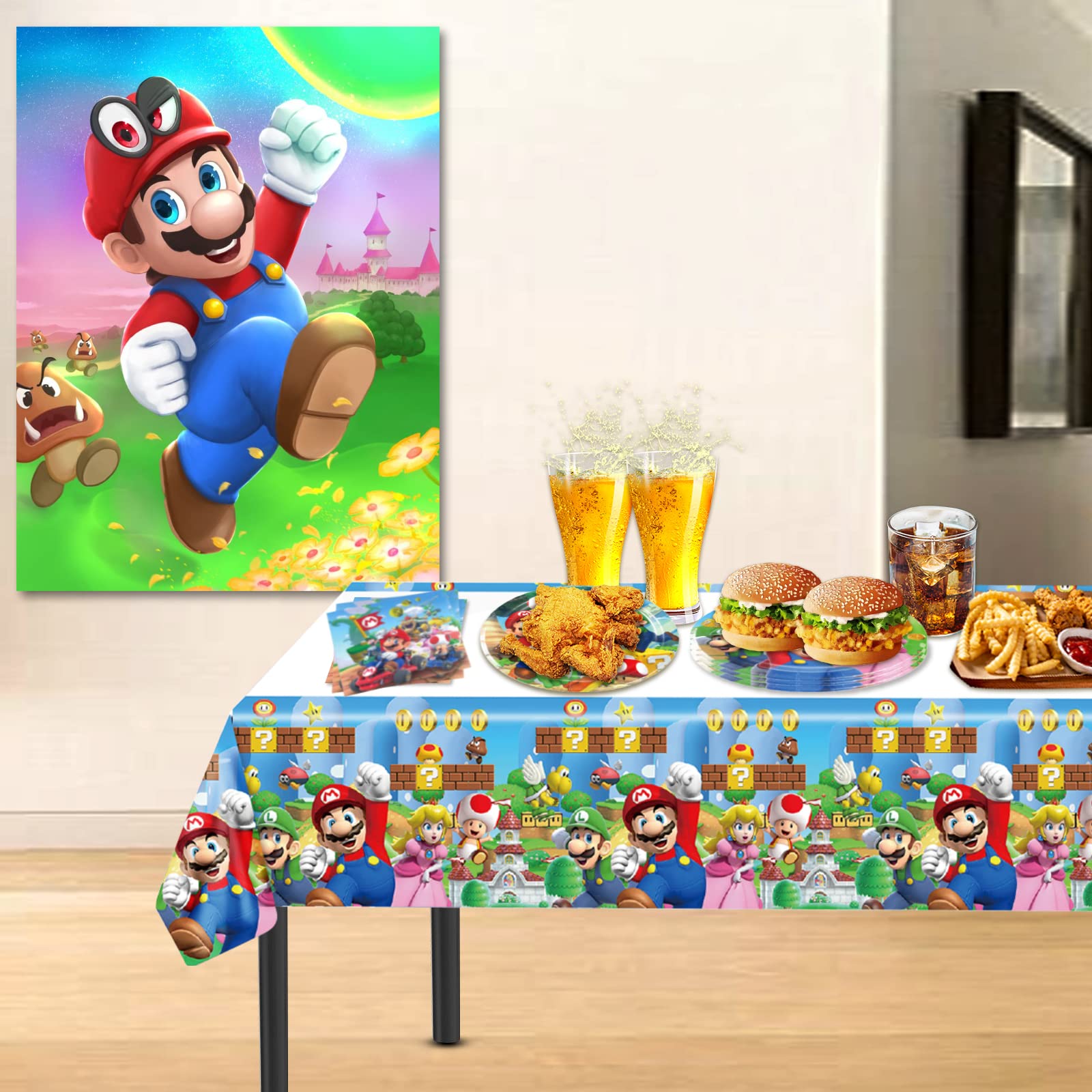 Mario Birthday Party Supplies, 20 Plates, 20 Napkins and 1 Tablecover for Mario Party Supplies, Mario Theme Party Decorations