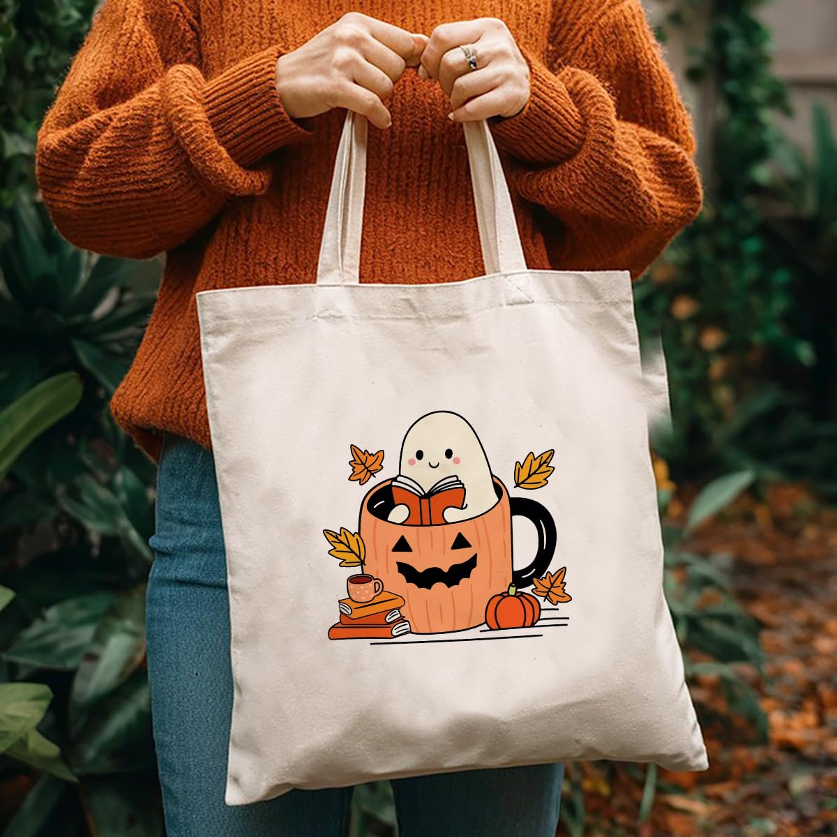 Bookish Gifts Book Lovers Gifts Halloween Tote Gift Pumpkin Ghost Book Tote Bag for Women Her Grocery Shopping Travel Gym Weekender Vacation Womens Work Tote Bag Gifts for Books Lovers