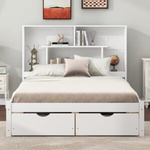 harper & bright designs full platform bed with storage headboard & 2 drawers, wooden full storage bed frame with sturdy slat support for kids teens adults, white