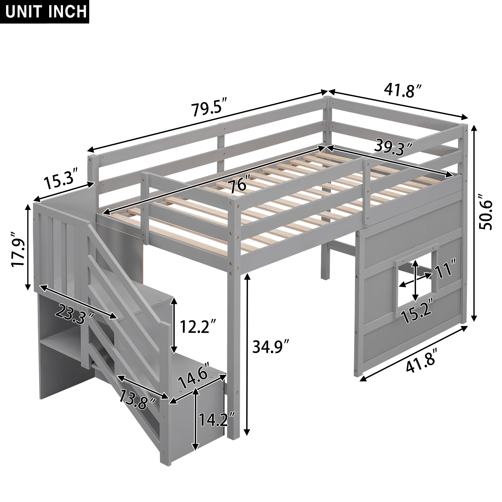 Merax Twin Loft Bed with Storage Staircase and Large Underbed Space for Teens, Boys, Girls, Solid Wood Bedframe & Full-Length Safety Guardrails for Bedroom, No Box Spring Needed, Easy Assembly, Gray