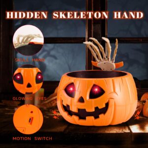 Anlass Halloween Candy Bowl Animated Pumpkin Candy Holder with Moving Skeleton Hand Creepy Sound and Red Eyes for Halloween Decorations Indoors and Trick or Treats