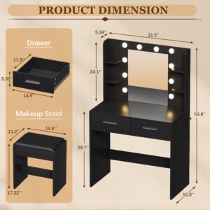 Furmax Make up Vanity Desk with Mirror and Power Outlet, Vanity with 3 Color Light Options Adjustable Brightness,Vanity Desk with 2 Drawers, 6 Storage Shelves (Black, with Bench)