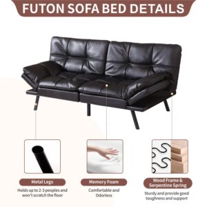 MUUEGM Futon Sofa Bed Couch Convertible Memory Foam Sleeper Love Seat, Modern Daybed for Small Space, Living Room, Office, Apartment, Adjustable Backrests Armrests, 71" Sofabed, Black